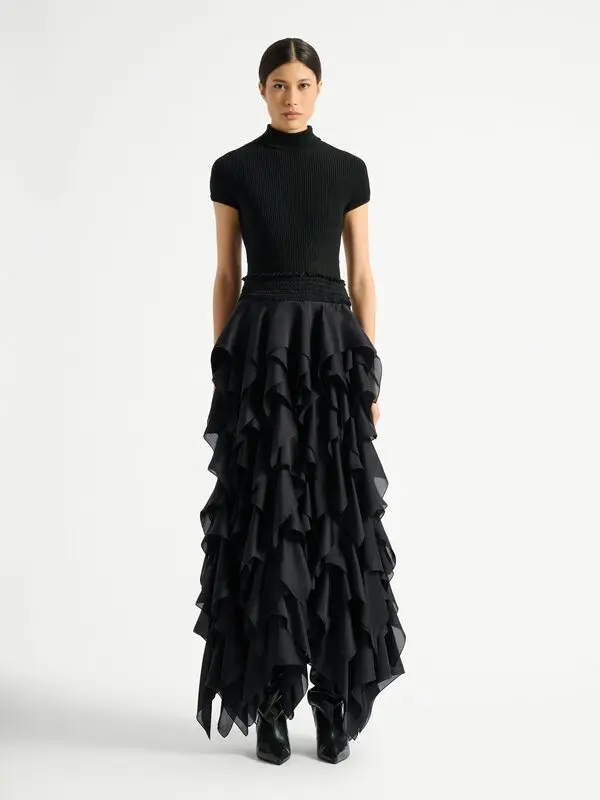 Balmain Long Ruffled Silk Skirt