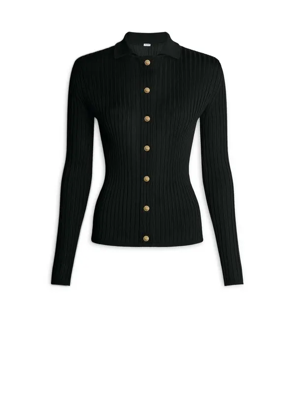 Balmain Buttoned Ribbed Knit Cardigan - Black