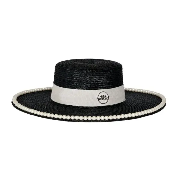 GIODORO Black / White Ixonio Iconic Black Canotier Straw Pearl Hat - Black/white