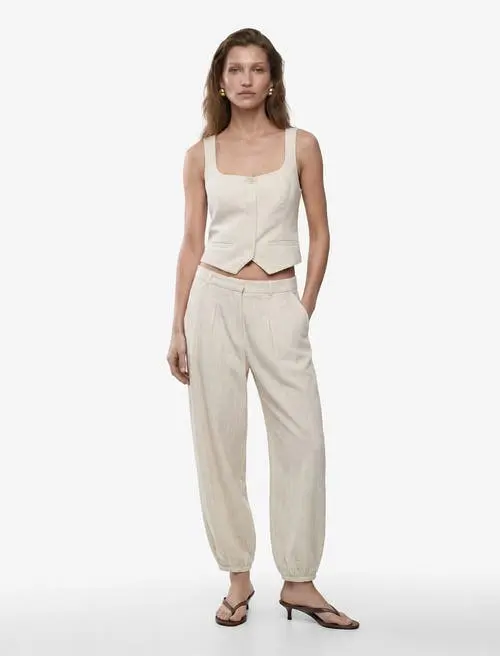 Koton Linen Blend Square Collar Crop Vest