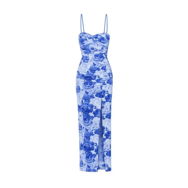 YUMI Mesh Ruched Midi Dress With Split - Blue