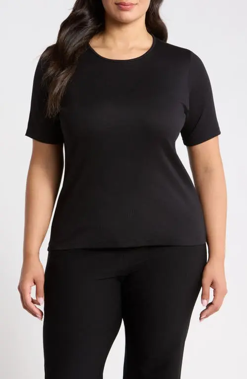 Eileen Fisher Rib Knit Stretch Organic Cotton Crewneck Top - Black