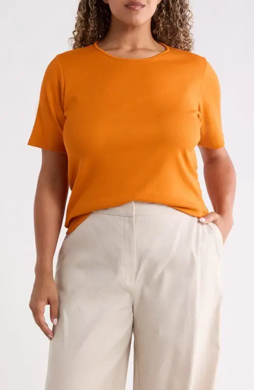 Eileen Fisher Rib Knit Stretch Organic Cotton Crewneck Top - Clay