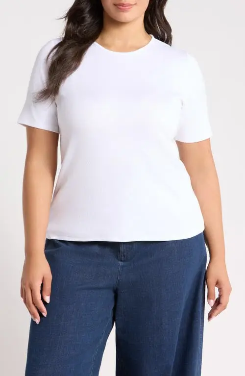 Eileen Fisher Rib Knit Stretch Organic Cotton Crewneck Top - White