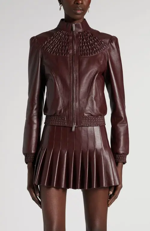 Alexander McQueen Smocked Lambskin Leather Bomber Jacket