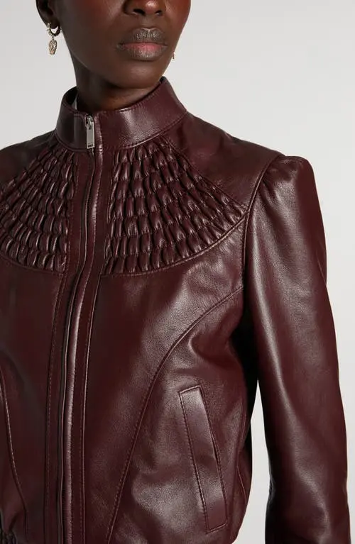 Alexander McQueen Smocked Lambskin Leather Bomber Jacket