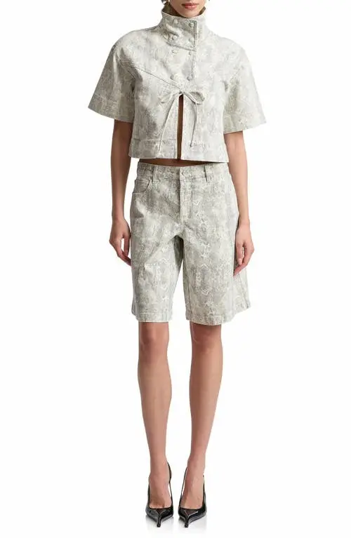Avec Les Filles Double-breasted Cropped Short-sleeved Jacket With Stand Collar And Front Tie