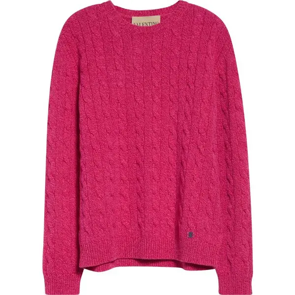 Valentino Garavani Cable Knit Wool Crewneck Sweater - Pink