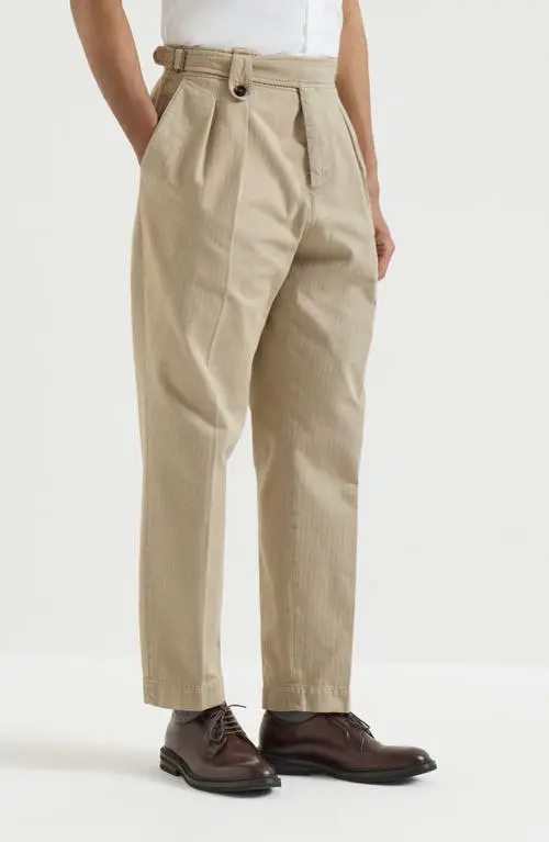 Brunello Cucinelli Cotton Chevron Trousers With Double Pleats And Waist Tabs - Navy Blue
