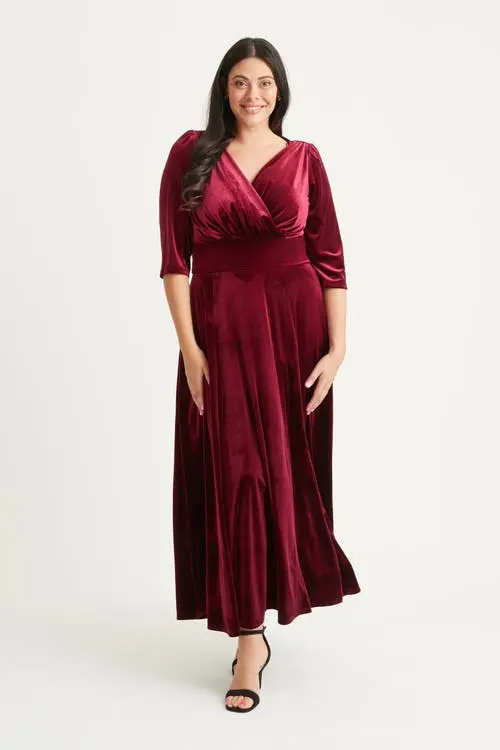 SCARLETT & JO Verity Velvet 3/4 Sleeve Maxi Dress - Claret