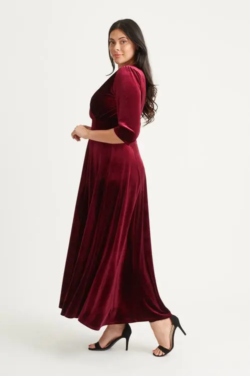 SCARLETT & JO Verity Velvet 3/4 Sleeve Maxi Dress - Claret