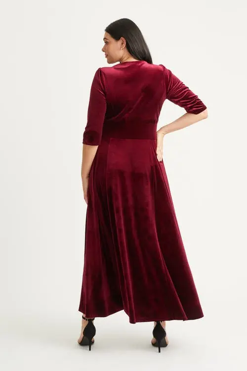 SCARLETT & JO Verity Velvet 3/4 Sleeve Maxi Dress - Claret