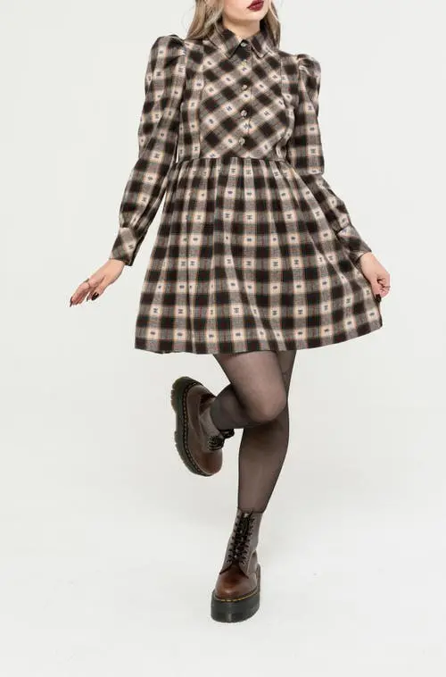 DISTURBIA Emily Cotton Check Mini Shirt Dress - Brown
