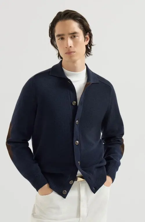 Brunello Cucinelli Cashmere Cardigan With Shirt-style Collar And Buttons - Navy Blue