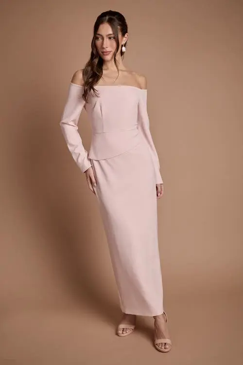 Coast Bardot Maxi Dress With Long Sleeves - Blush