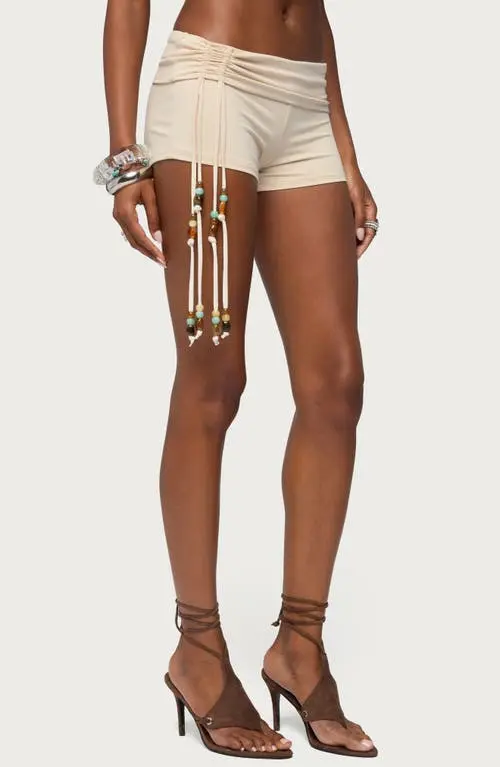 EDIKTED Thia Ruched Beaded Foldover Shorts