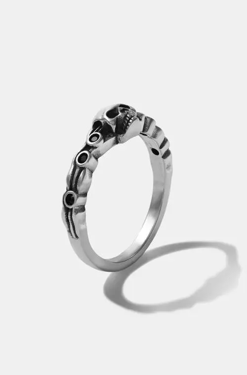 DISTURBIA Tiera Skull Sterling Ring With Black Spinel