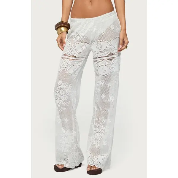EDIKTED Milaya Sheer Open Stitch Straight Leg Pants - White