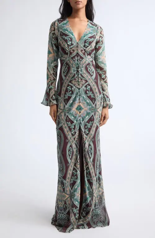Veronica Beard Daciana Long Sleeve Silk Dress - Raisin Multi