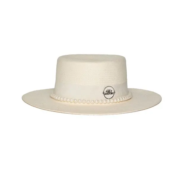 GIODORO Neutrals / Ixonio Straw Canotier Hat With Pearls - White