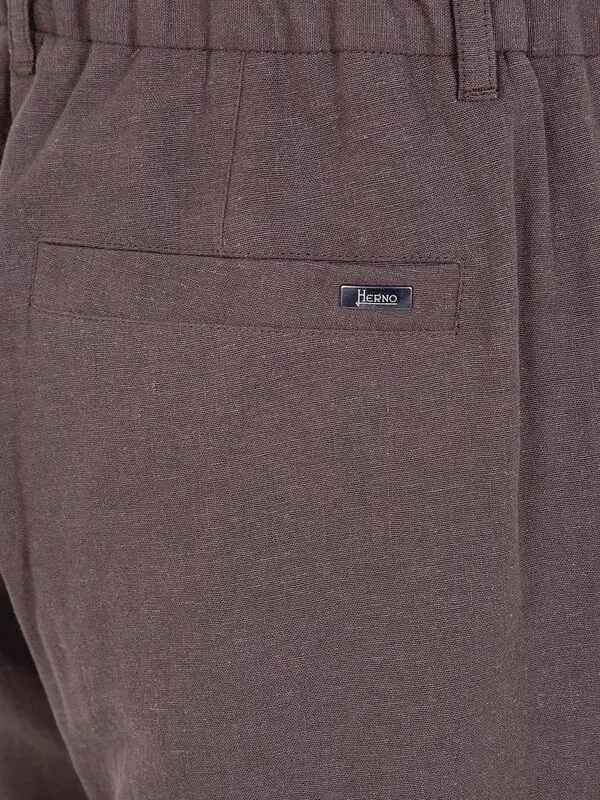 Herno Linen Chino Trousers With Pleats And Rear Welt Pockets - Cocoa