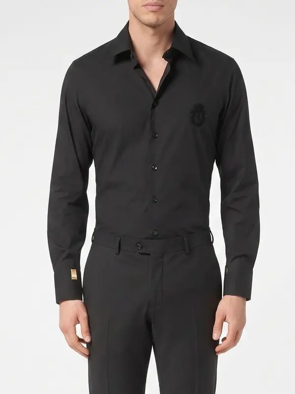 BILLIONAIRE Slim Fit Cotton Poplin Shirt With French Collar And Long Sleeves - Black
