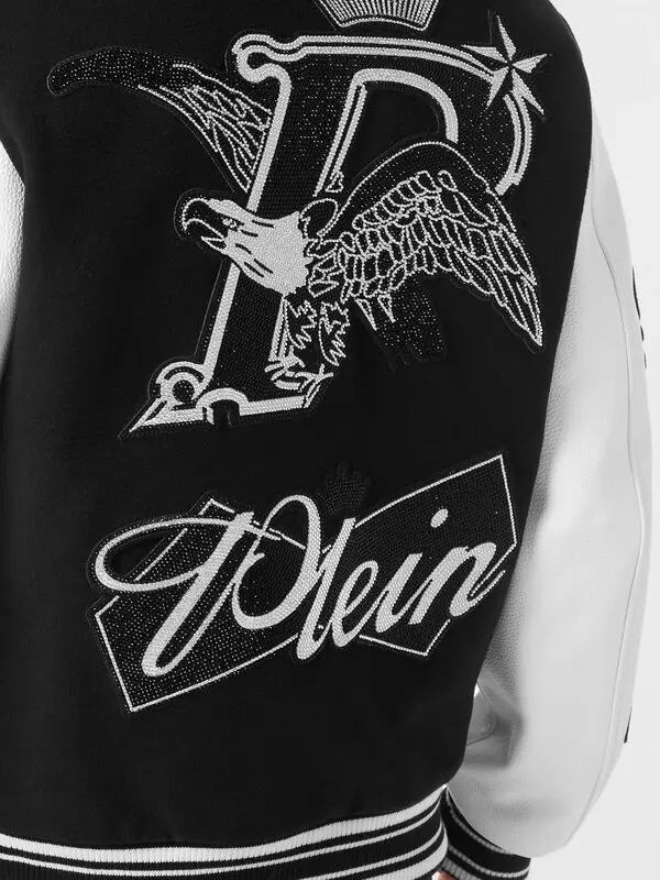 Philipp Plein Calfskin Bomber Jacket With Embroidered Logo And Contrast Trim - Black