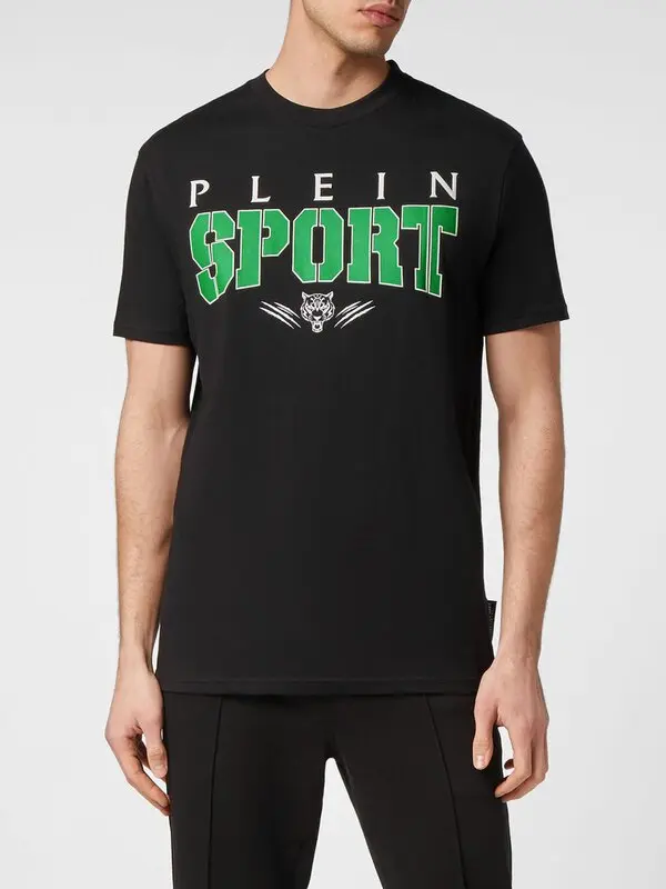 PLEIN SPORT Slim Fit Cotton T-shirt With Contrast Printed Logo - Black