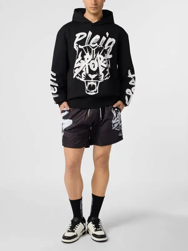 PLEIN SPORT Graphic Print Cotton Hoodie With Dropped Shoulders - Black