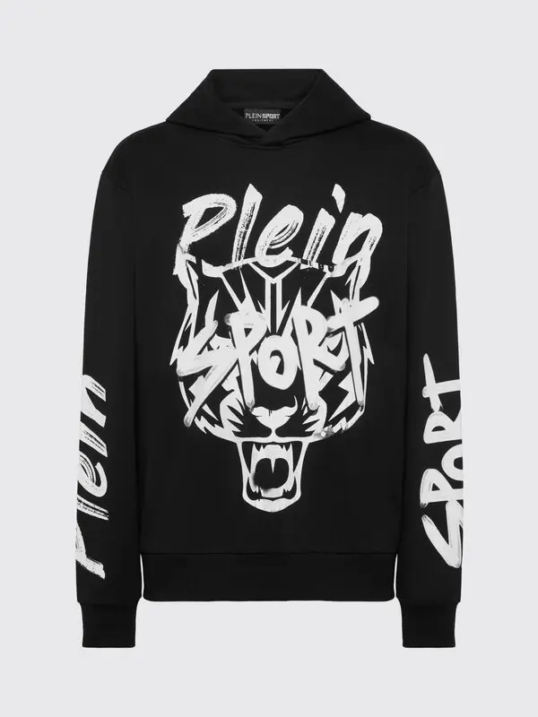 PLEIN SPORT Graphic Print Cotton Hoodie With Dropped Shoulders - Black