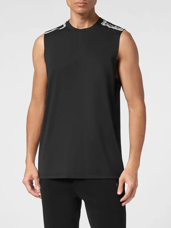 PLEIN SPORT Sleeveless Cotton Tank Top With Contrasting Logo Print - Black