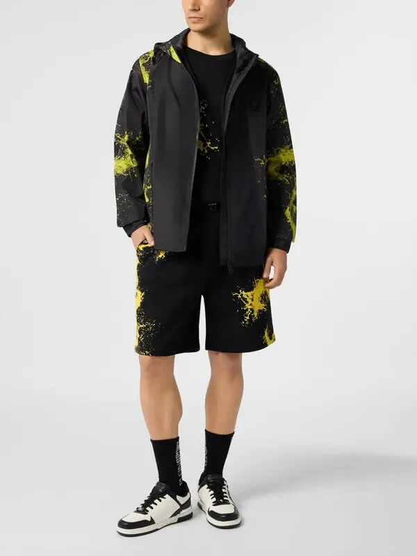 PLEIN SPORT Hooded Windbreaker Jacket With Abstract Print And Logo - Black