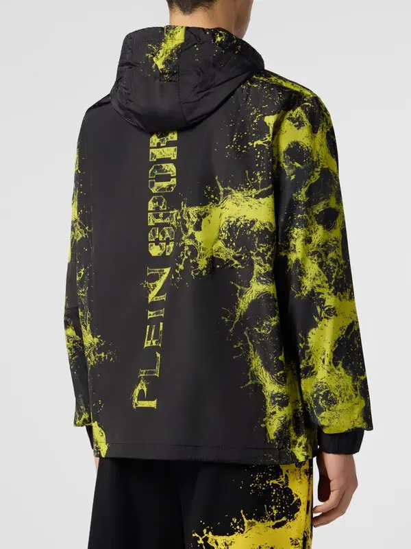 PLEIN SPORT Hooded Windbreaker Jacket With Abstract Print And Logo - Black
