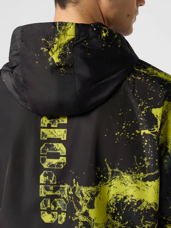 PLEIN SPORT Hooded Windbreaker Jacket With Abstract Print And Logo - Black