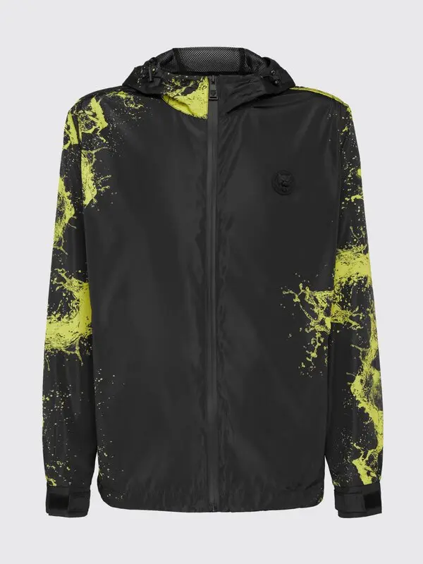 PLEIN SPORT Hooded Windbreaker Jacket With Abstract Print And Logo - Black