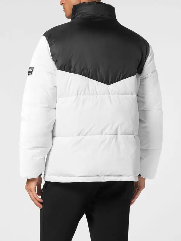 PLEIN SPORT Short Quilted Technical Fabric Puffer Jacket With High Neck And Zip Closure - White