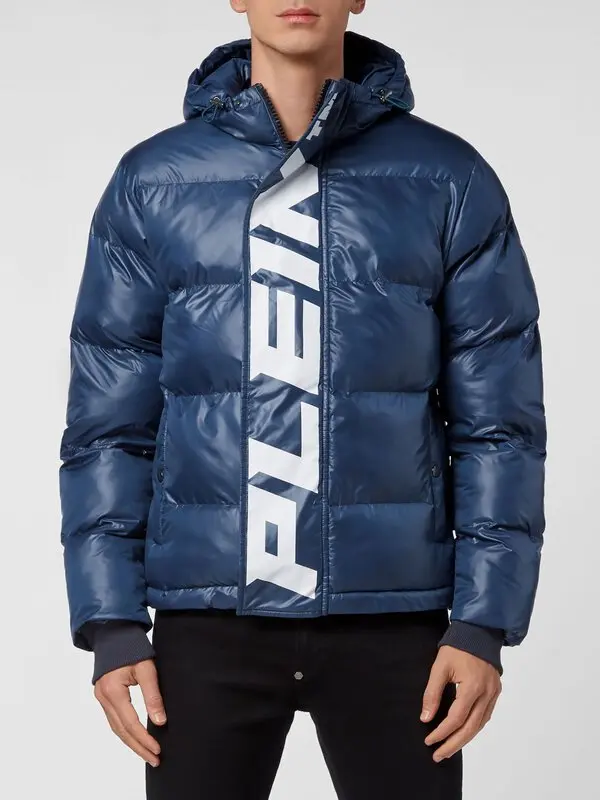 Philipp Plein Padded Technical Fabric Puffer Jacket With Hood And Logo - Blue