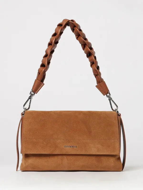 COCCINELLE Boheme Suede Shoulder Bag With Woven Handle - Burnt