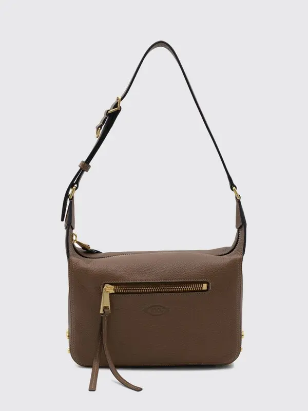 TOD'S Metal Dots Hammered Leather Shoulder Bag - Brown