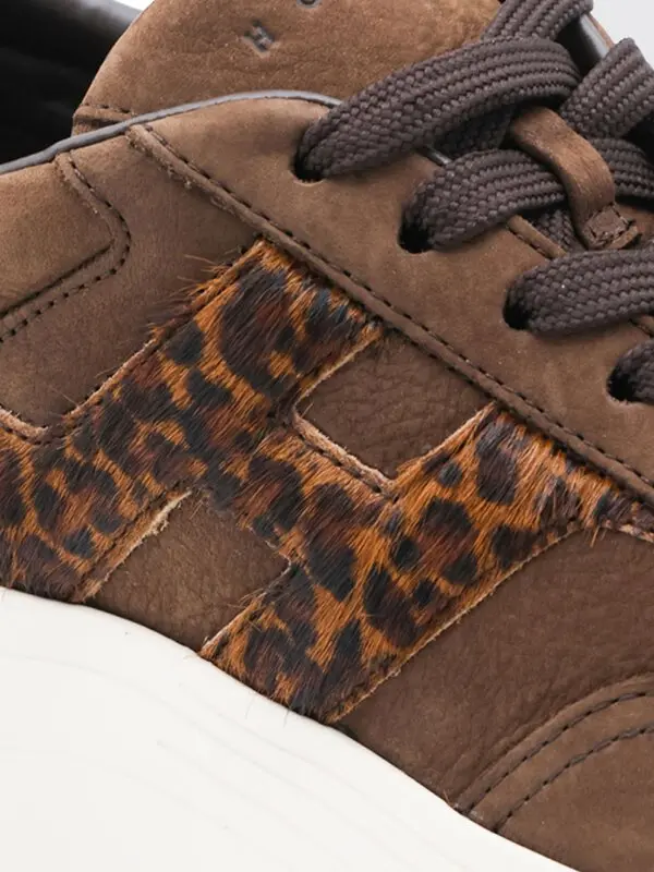 Hogan Hi-fi Nubuck And Pony-effect Leather Sneakers With Animal Print And Chunky Sole - Brown
