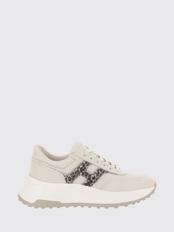 Hogan Hi-fi Nubuck And Pony-effect Leather Sneakers With Animal Print And Chunky Sole - Ivory