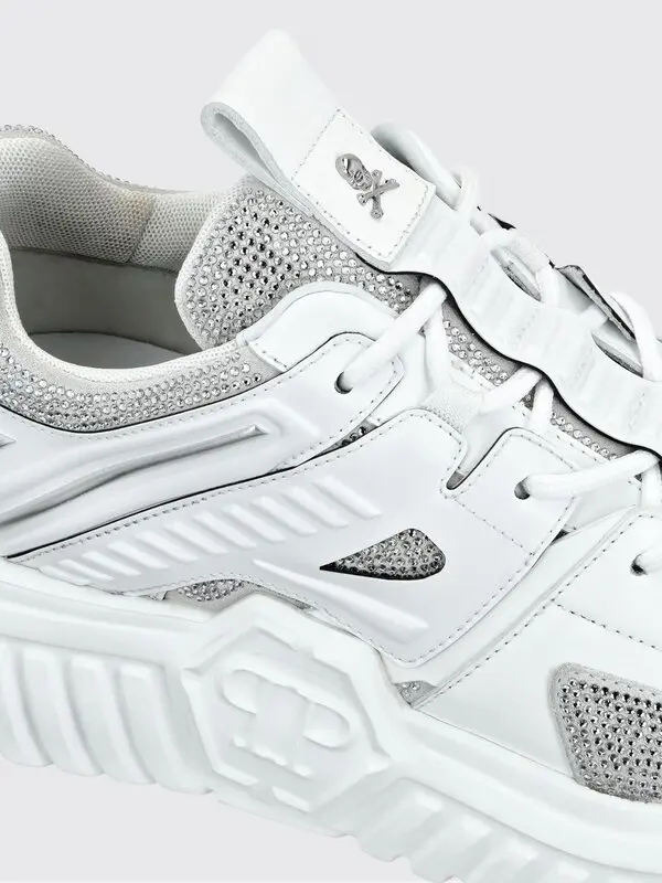 Philipp Plein Leather Low-top Sneakers With Rhinestones And Hexagon Logo - White
