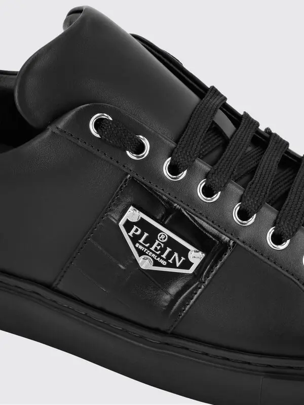 Philipp Plein Low-top Sneakers In Smooth Leather With Applied Side Logo - Black