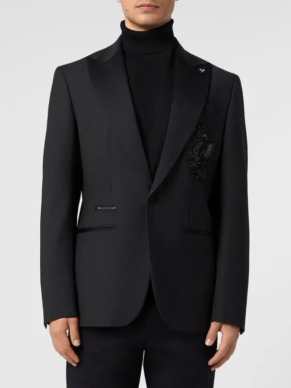 Philipp Plein Dragon Strass Virgin Wool Blazer With Embroidery
