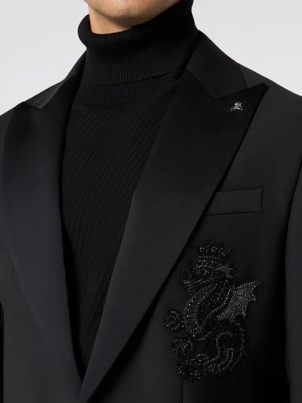 Philipp Plein Dragon Strass Virgin Wool Blazer With Embroidery