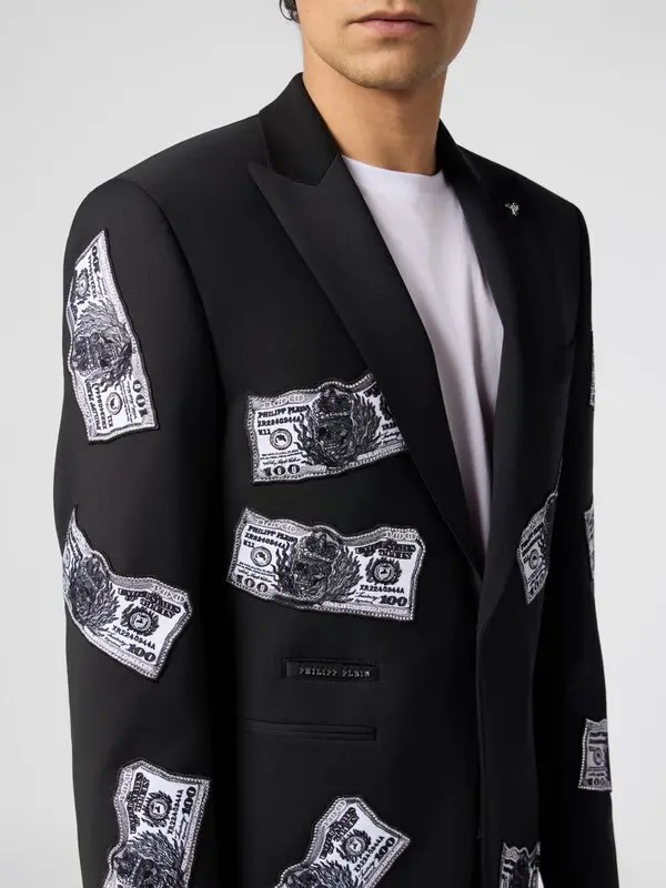 Philipp Plein Dollars Virgin Wool Blazer With Print And Crystals