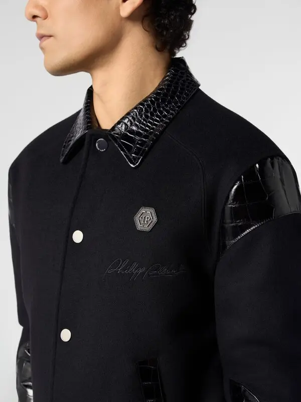 Philipp Plein Coster Wool And Leather Bomber Jacket With Monogram And Crocodile Effect