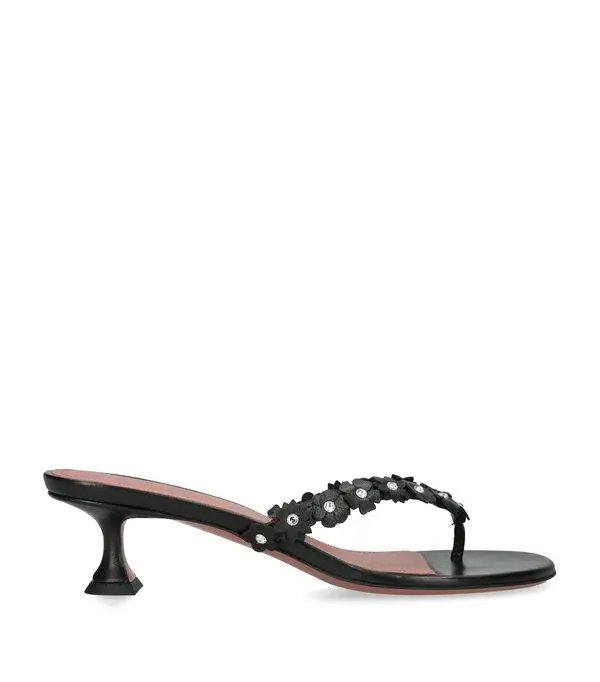 Amina Muaddi Leather Flower-applique Janis Heeled Sandals 45 - Black
