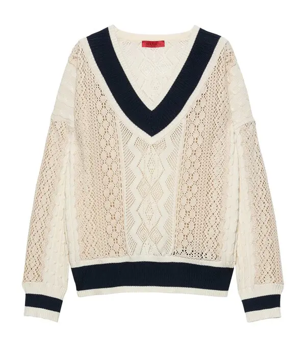Max & Co. Cotton Crochet V-neck Sweater - White