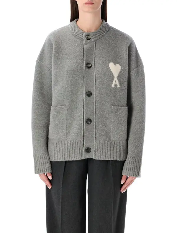 AMI Paris Refined Cardigan With Intarsia Logo Small - Gris